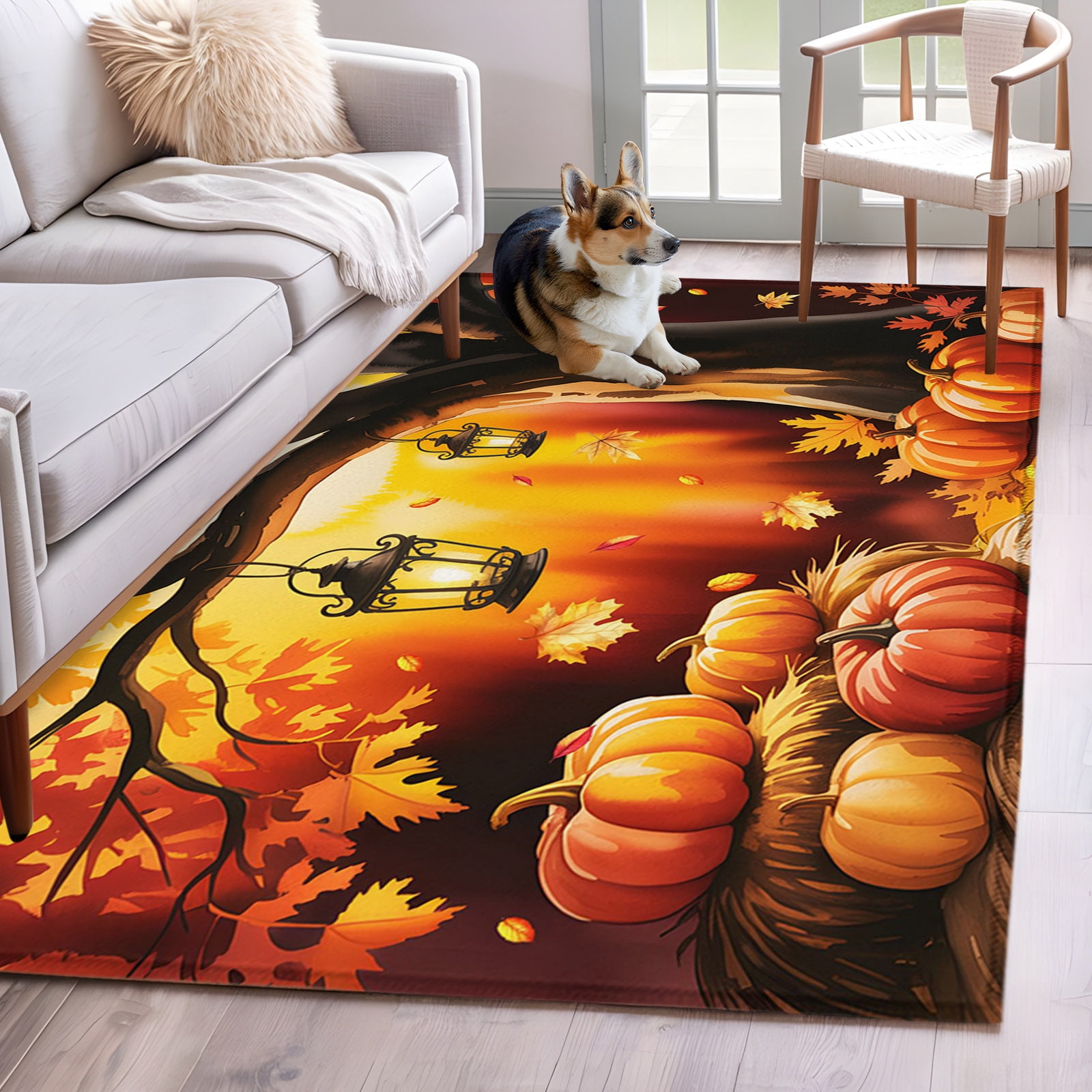 Area Rug 3x5ft, Autumn Watercolor Pumpkin Washable Rugs for Living Room ...