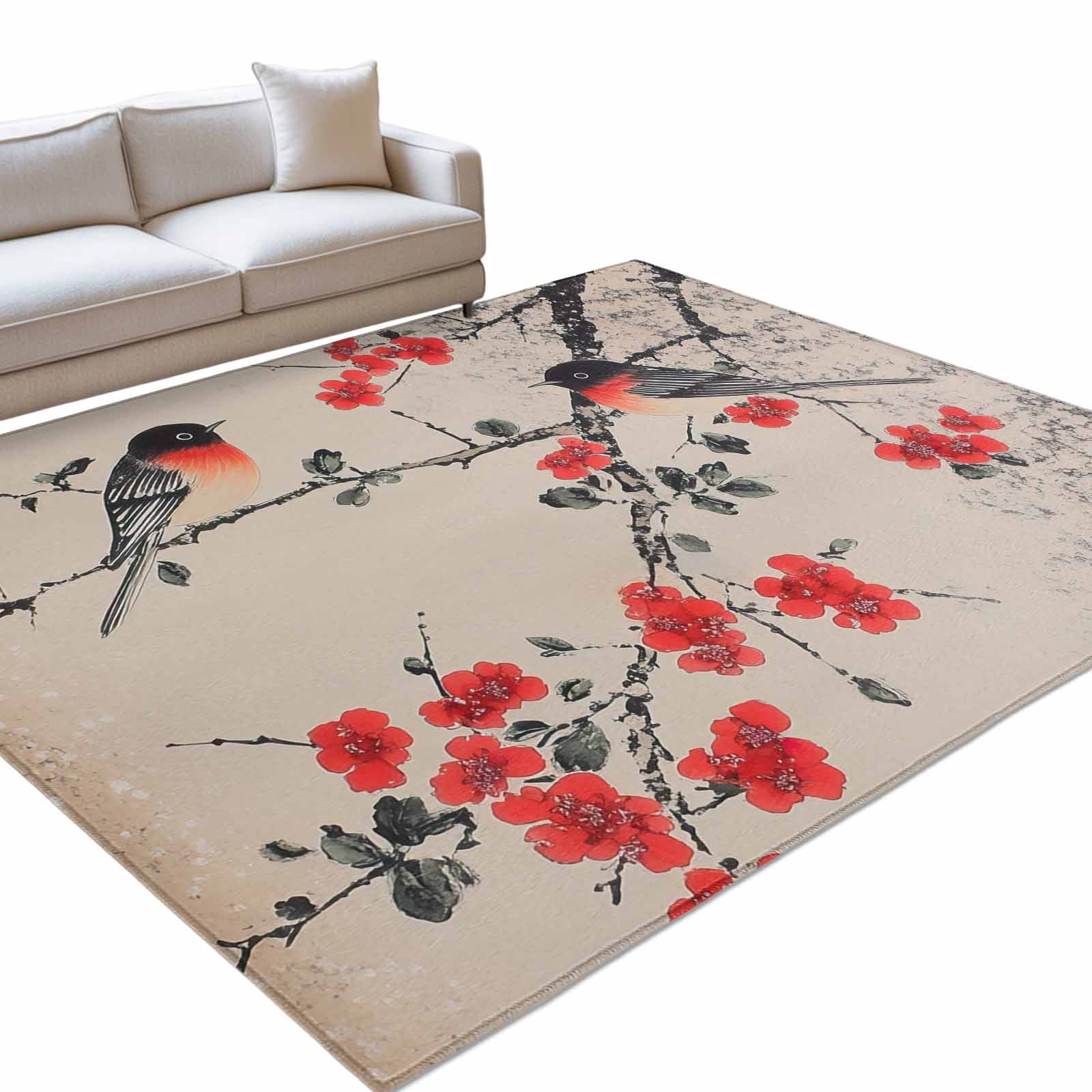 Area Rug 3x5ft Bird on Branch Washable Area Rugs for Living Room Plum ...