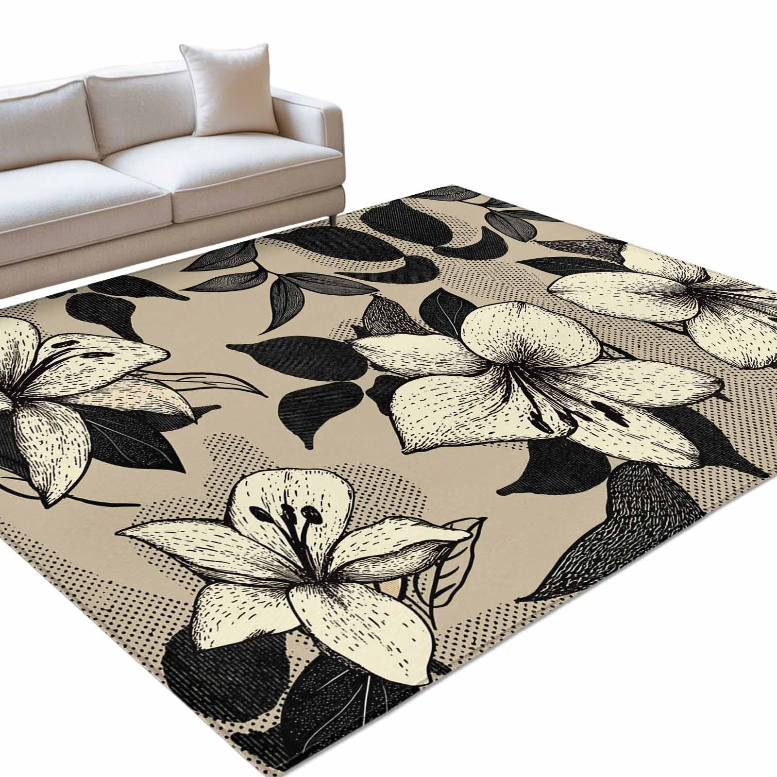 Area Rug 3x5ft Black White Flowers Washable Area Rugs for Living Room ...