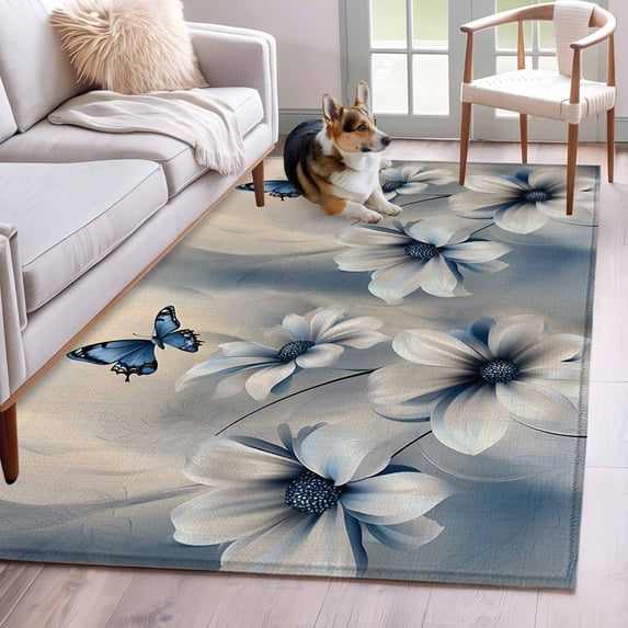 Area Rug 3x5ft Blossom Floral Blue Butterfly Area Rugs Washable Low ...