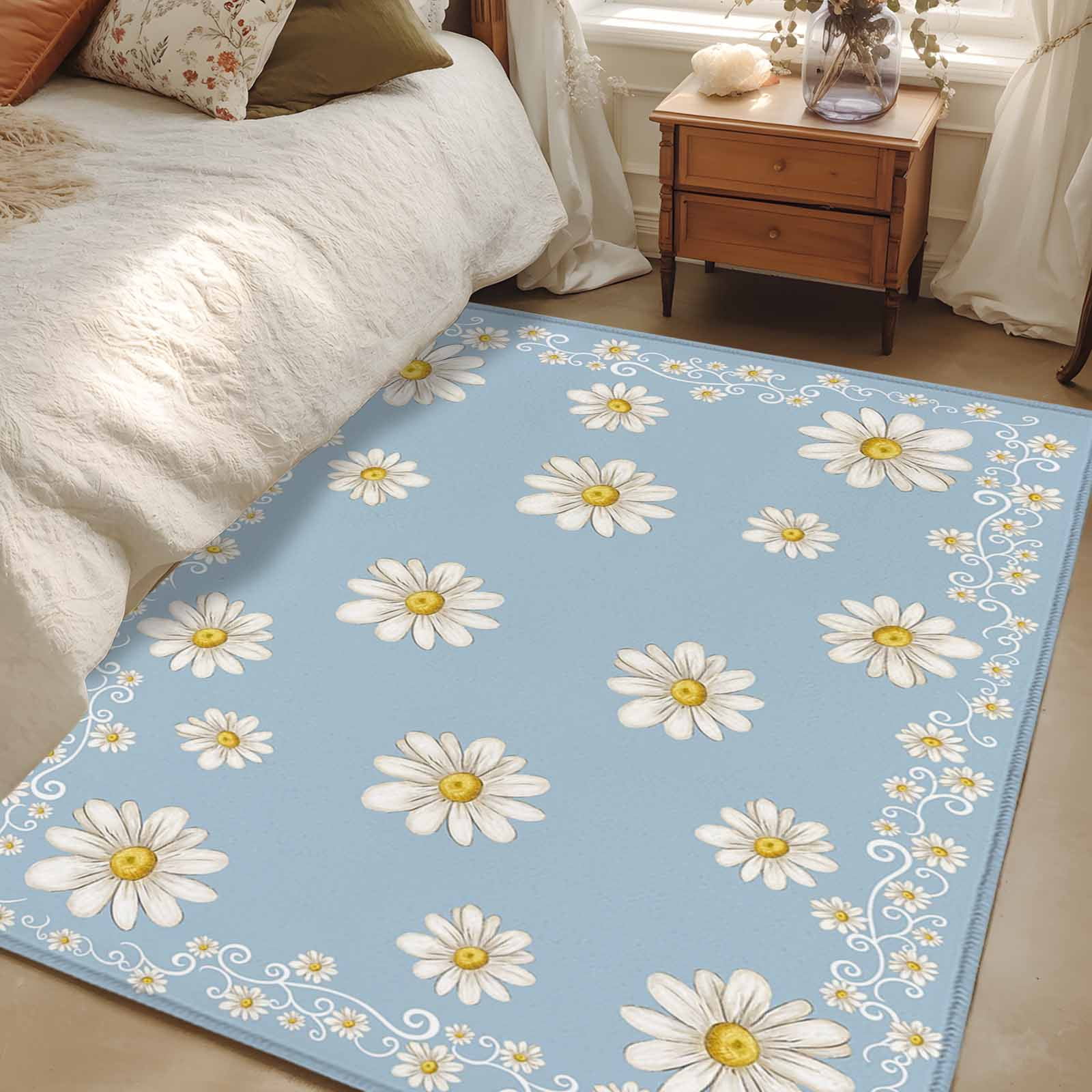 Area Rug 3x5ft Blue Daisy Flower Carpets Indoor Floor Area Mat Washable ...