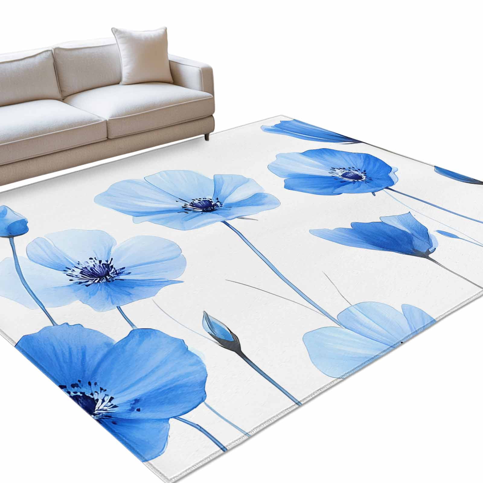 Area Rug 3x5ft Blue Flower Washable Area Rugs for Living Room White ...