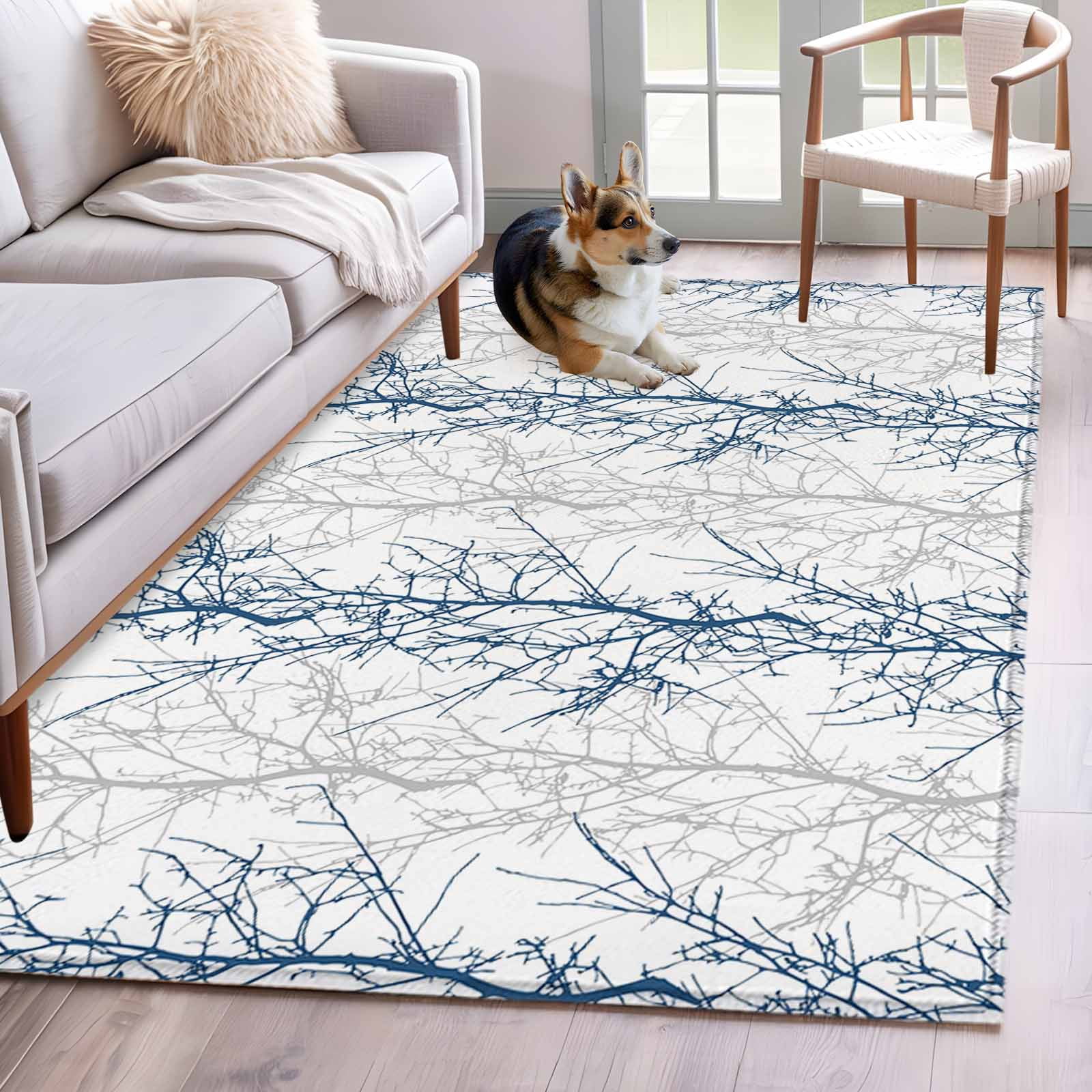 Area Rug 3x5ft Blue Gray Tree Branch on White Area Rugs Washable Low ...