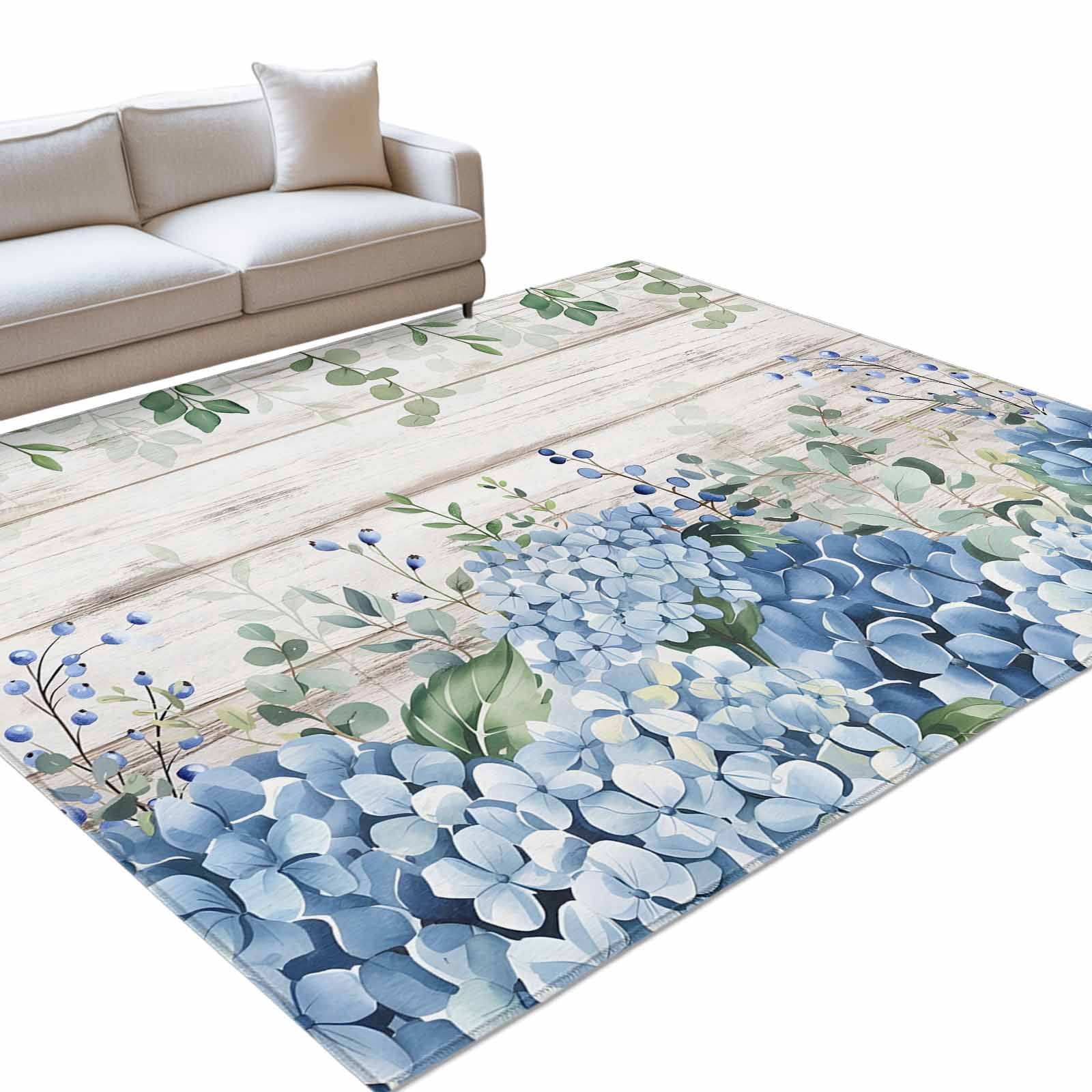 Area Rug 3x5ft Blue Hydrangeas Leaves Washable Area Rugs for Living ...