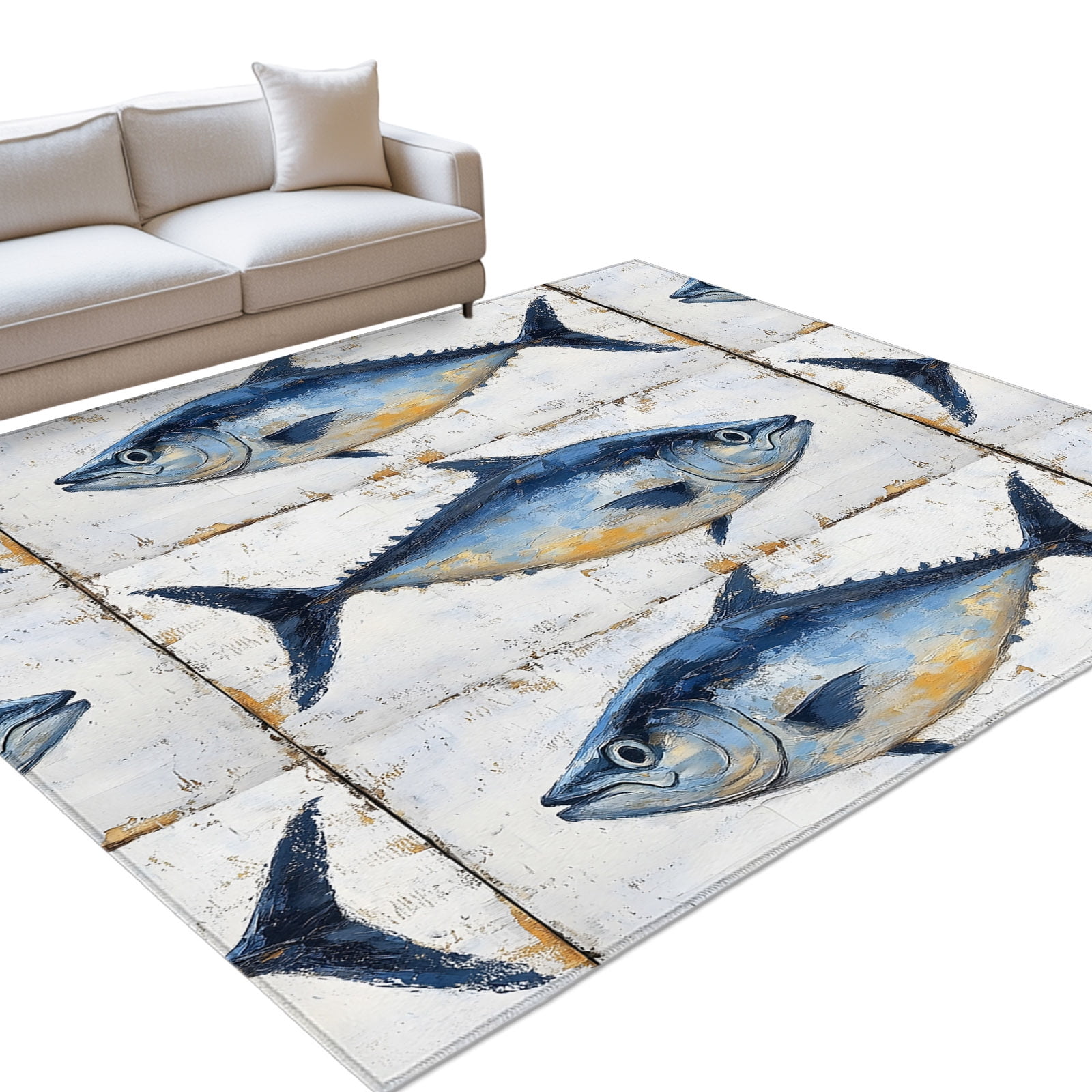 Area Rug 3x5ft Blue Tuna Oil Painting Washable Area Rugs for Living ...