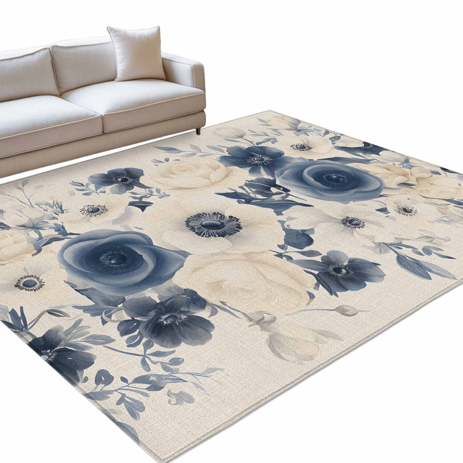Area Rug 3x5ft Blue White Flowers Washable Area Rugs for Living Room ...