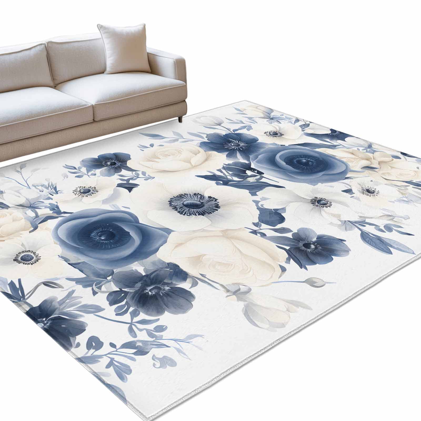 Area Rug 3x5ft Blue White Flowers Washable Area Rugs for Living Room ...