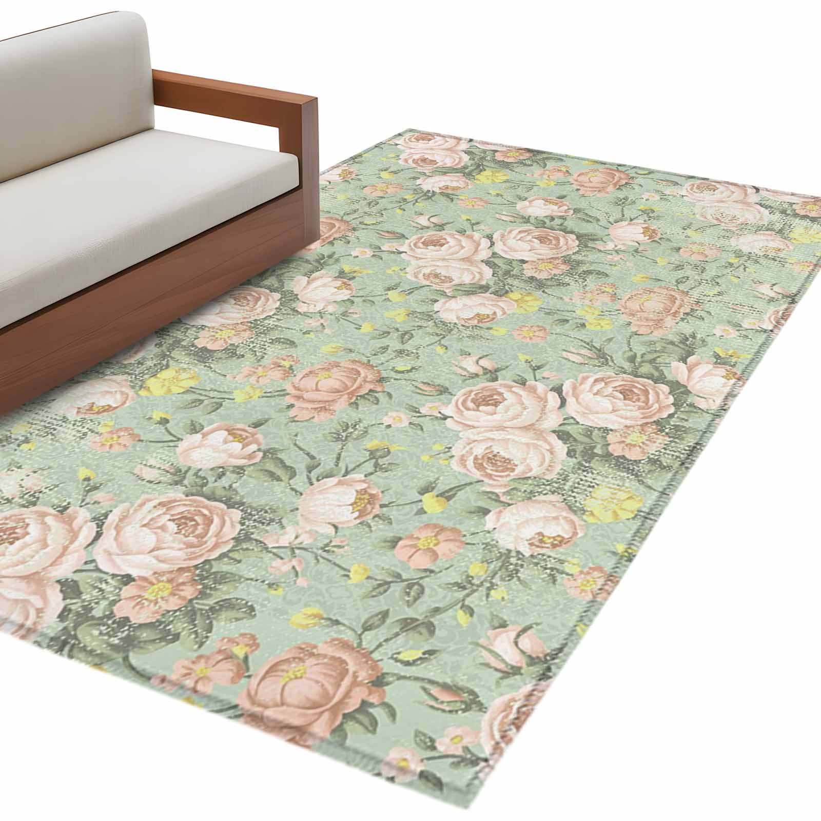 Area Rug 3x5ft, Camellia Vintage Flower Green Leaves Washable Rugs for ...