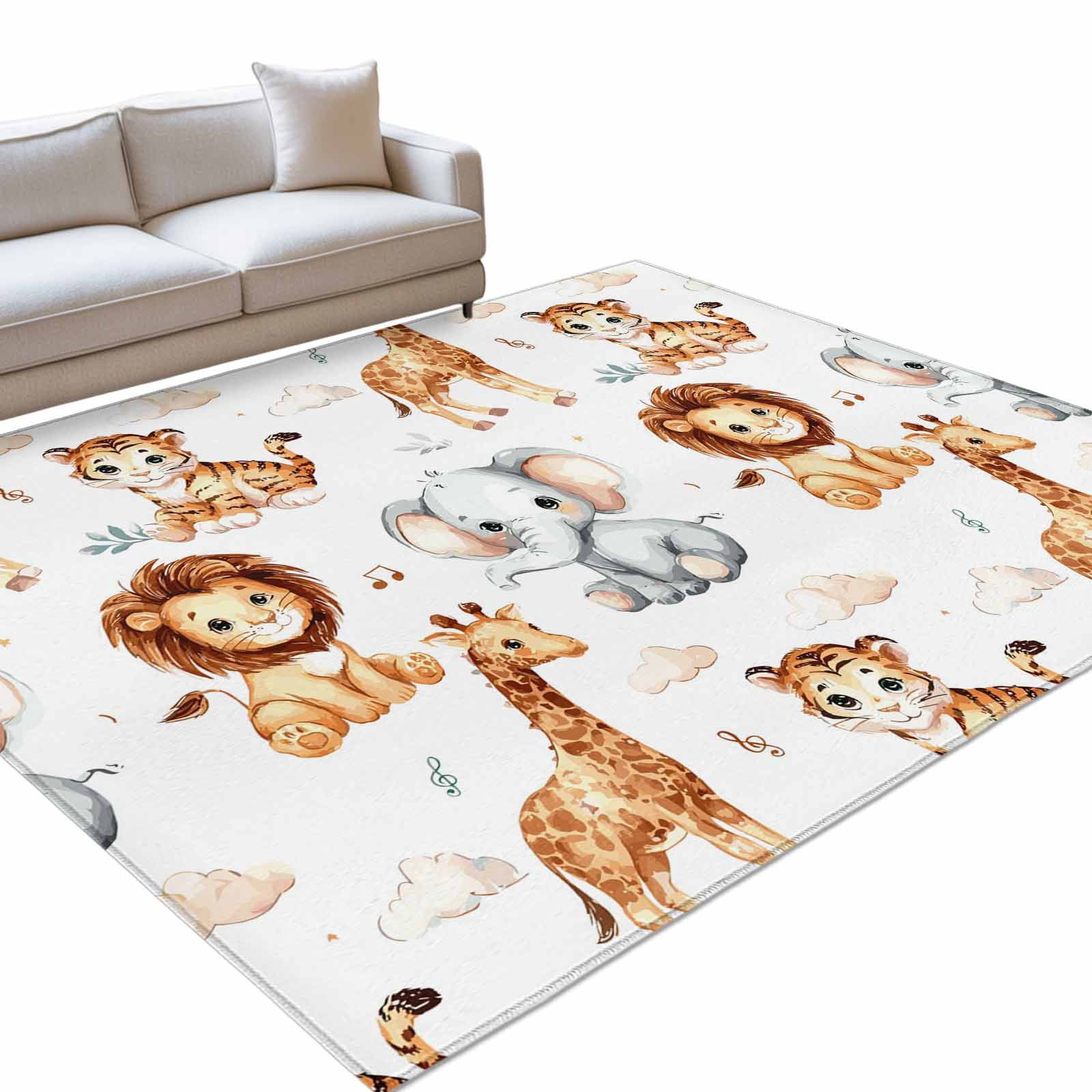Area Rug 3x5ft, Cartoon Lion Giraffe Elephant Tiger Washable Rugs for ...