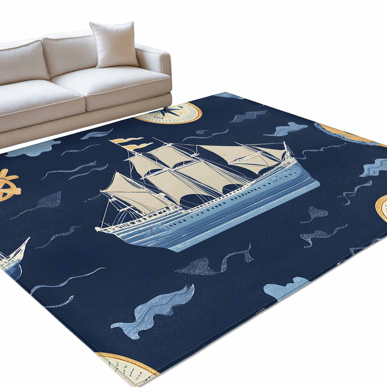 Area Rug 3x5ft Cartoon Sailboat Ocean Washable Area Rugs for Living ...