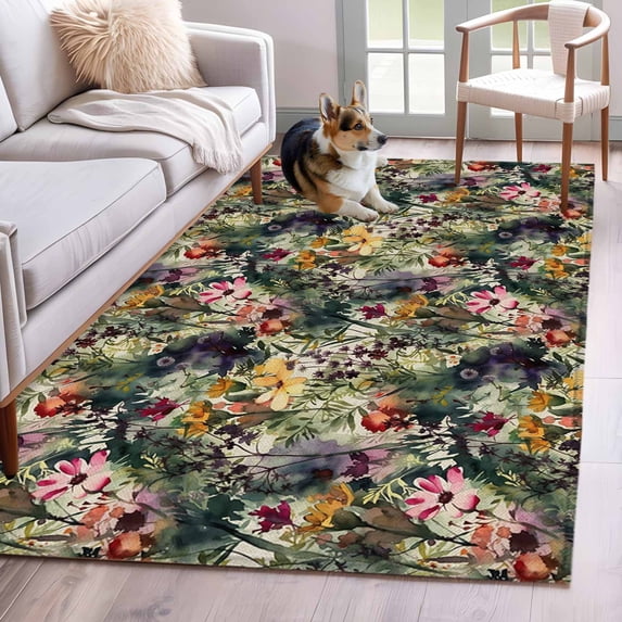 Area Rug 3x5ft, Chic Watercolor Flowers Leaves Plant Washable Rugs for ...