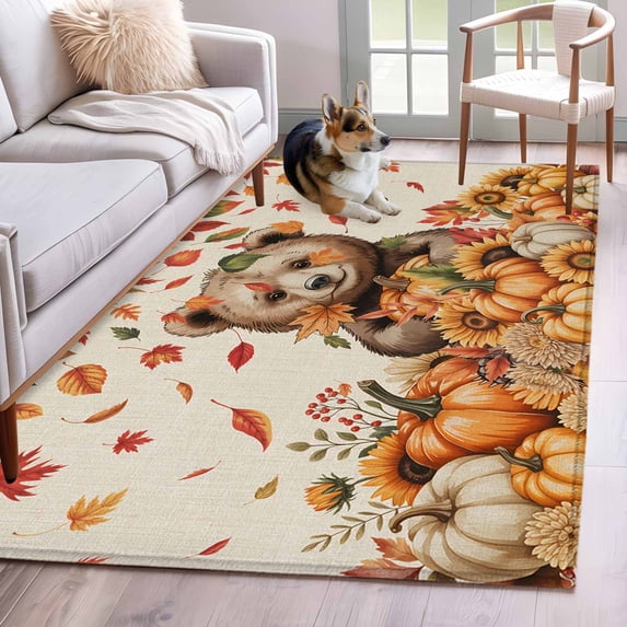 Area Rug 3x5ft, Cute Bear Autumn Thanksgiving Pumpkin Washable Rugs for ...
