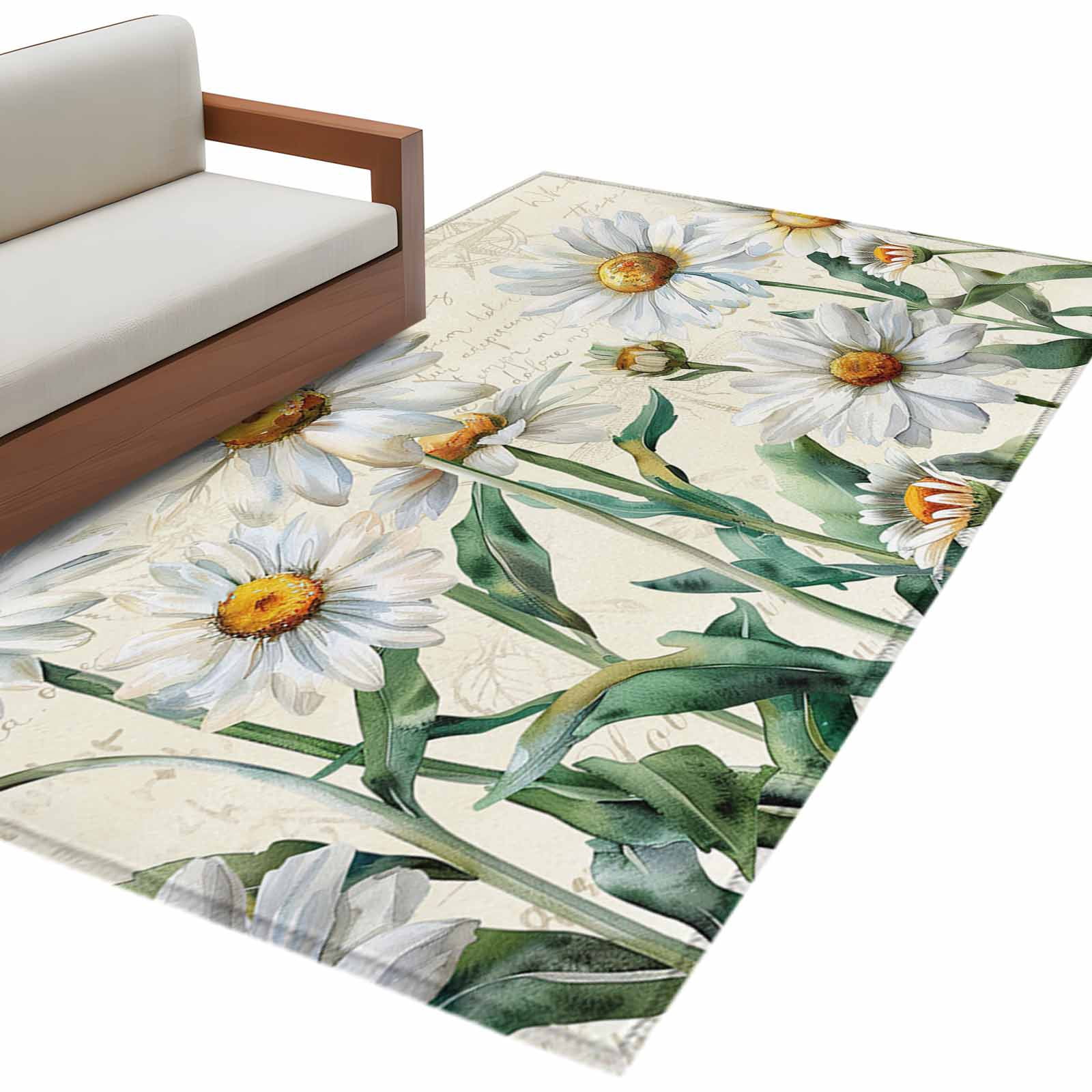 Area Rug 3x5ft, Daisy Flower Green Leaf Plant Washable Rugs for Living ...