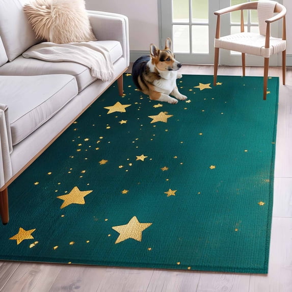 Area Rug 3x5ft Dream Yellow Star on Teal Blue Area Rugs Washable Low ...