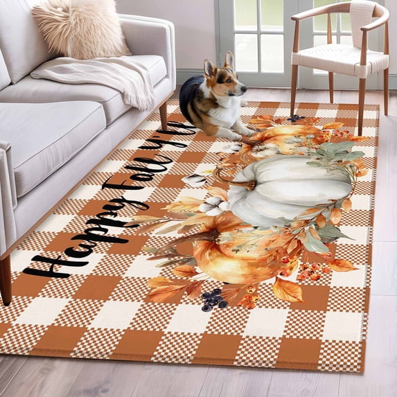 Area Rug 3x5ft, Fall Harvest Pumpkin Orange Plaid Washable Rugs for ...