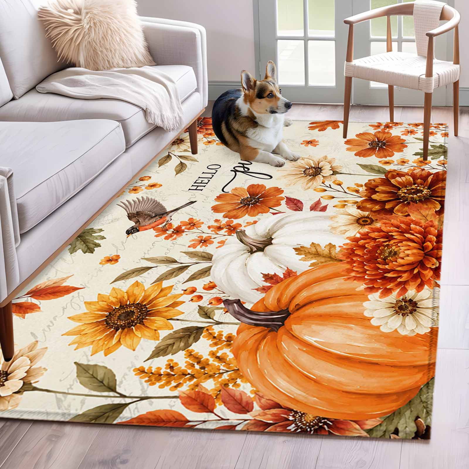 Area Rug 3x5ft, Fall Thanksgiving Hello Pumpkin Washable Rugs for ...
