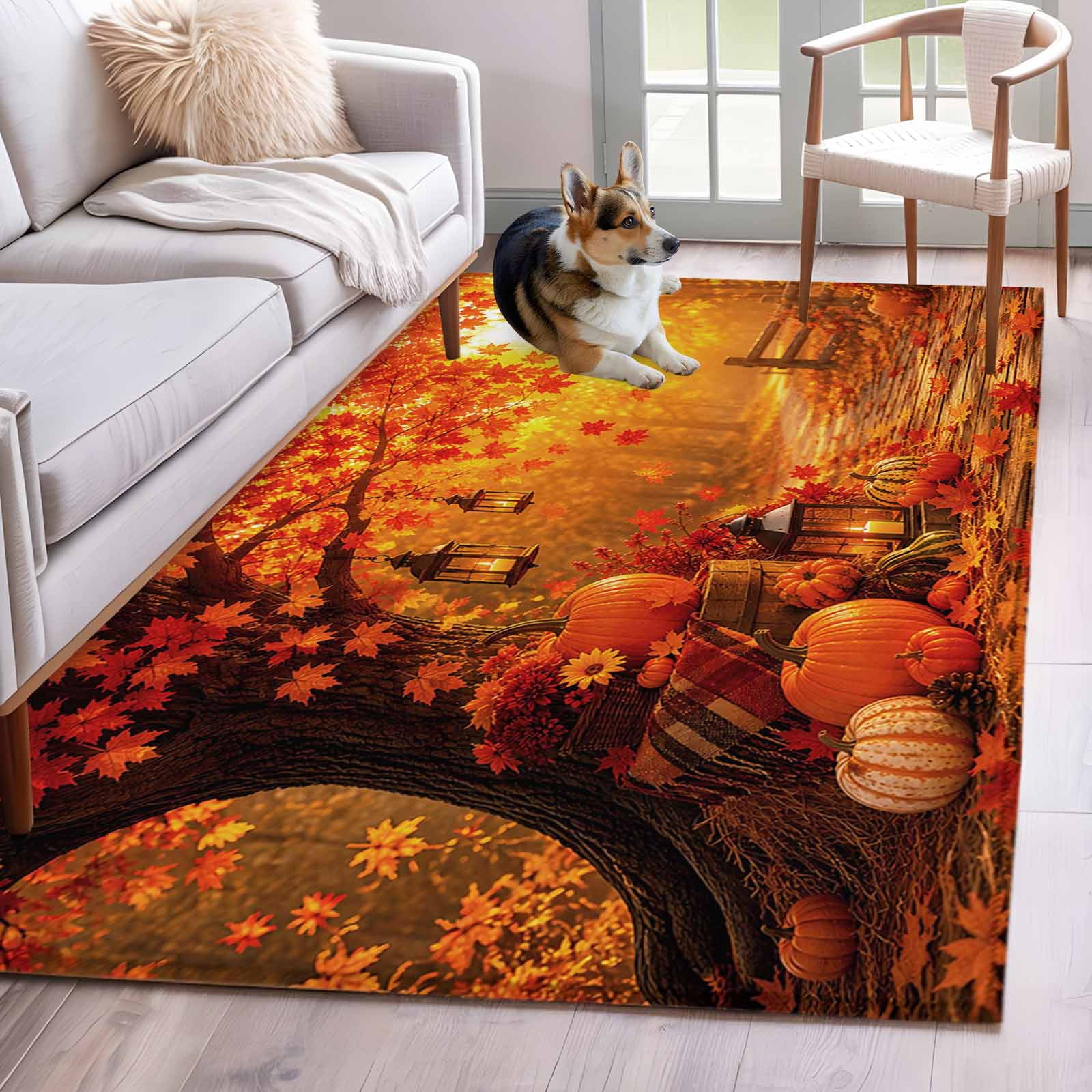 Area Rug 3x5ft, Fall Thanksgiving Pumpkin Maple Tree Washable Rugs for ...