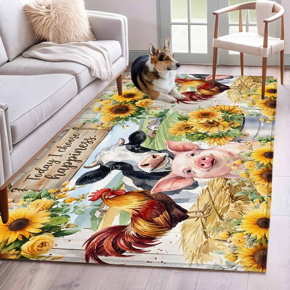 Area Rug 3x5ft Farm Cow Rooster Pig Sunflower Area Rugs Washable Low ...