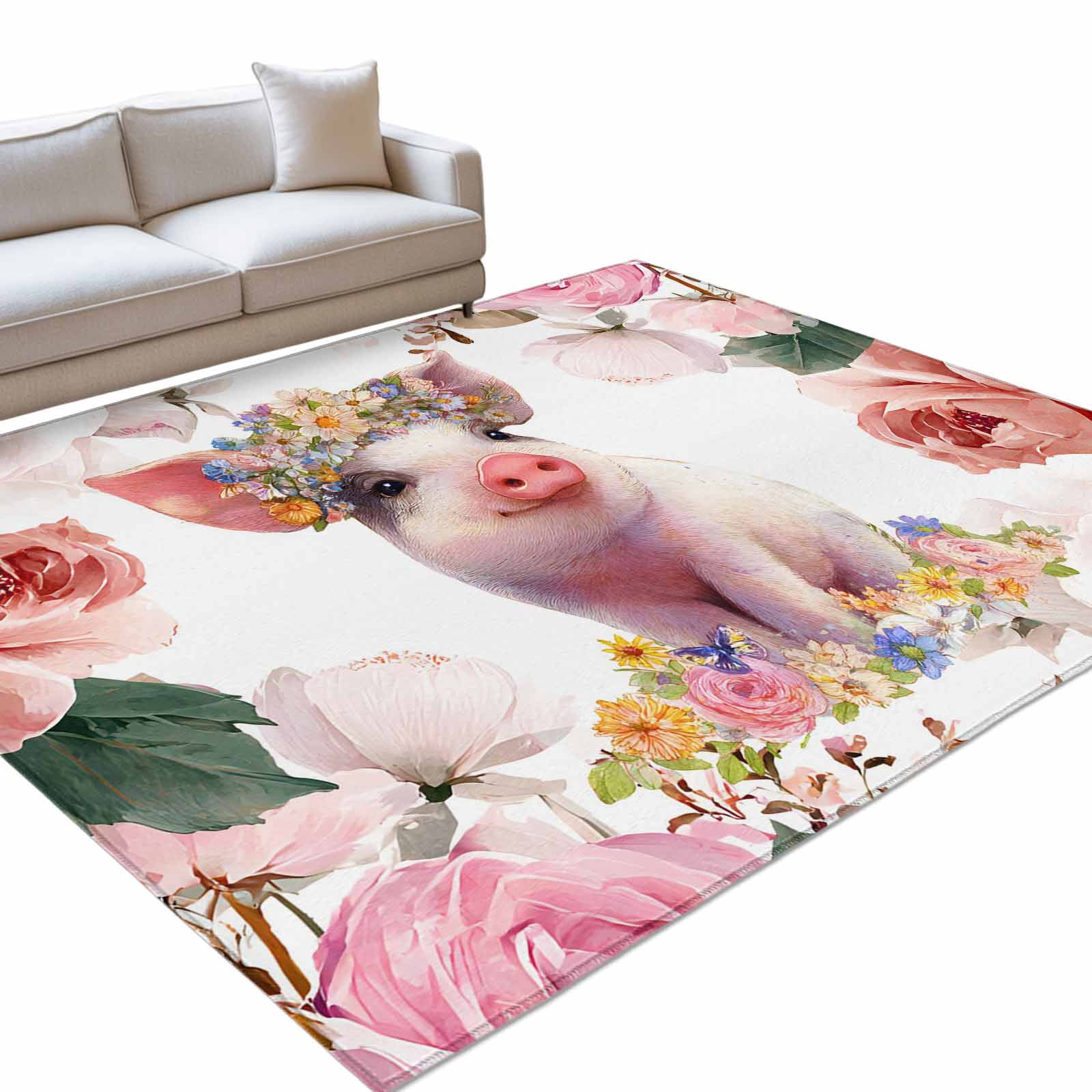 Area Rug 3x5ft, Farm Pigs White Pink Flowers Washable Rugs for Living ...