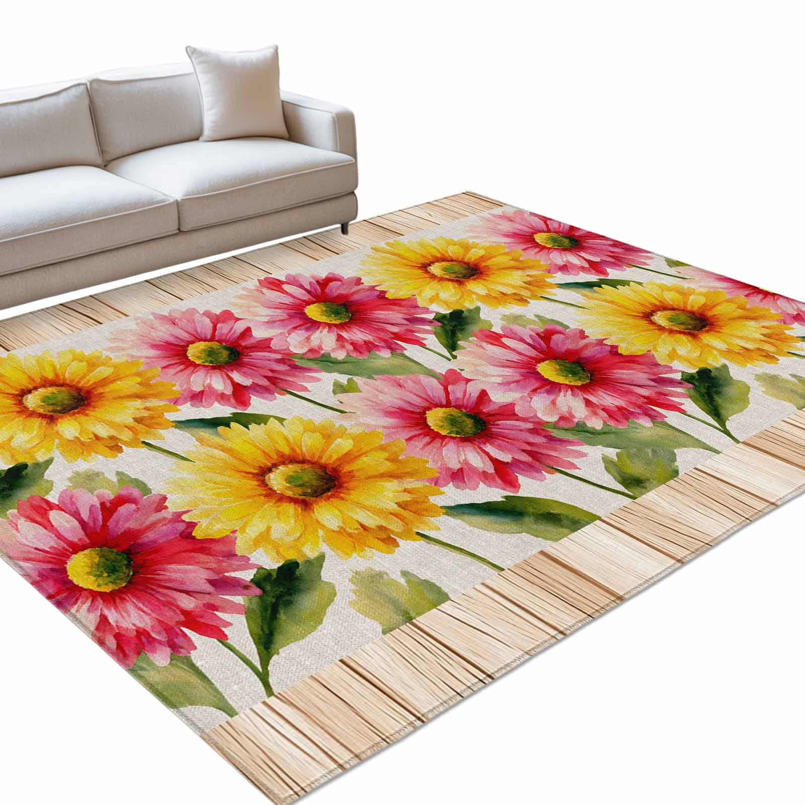 Area Rug 3x5ft, Farm Pink Yellow Daisy Washable Rugs for Living Room ...