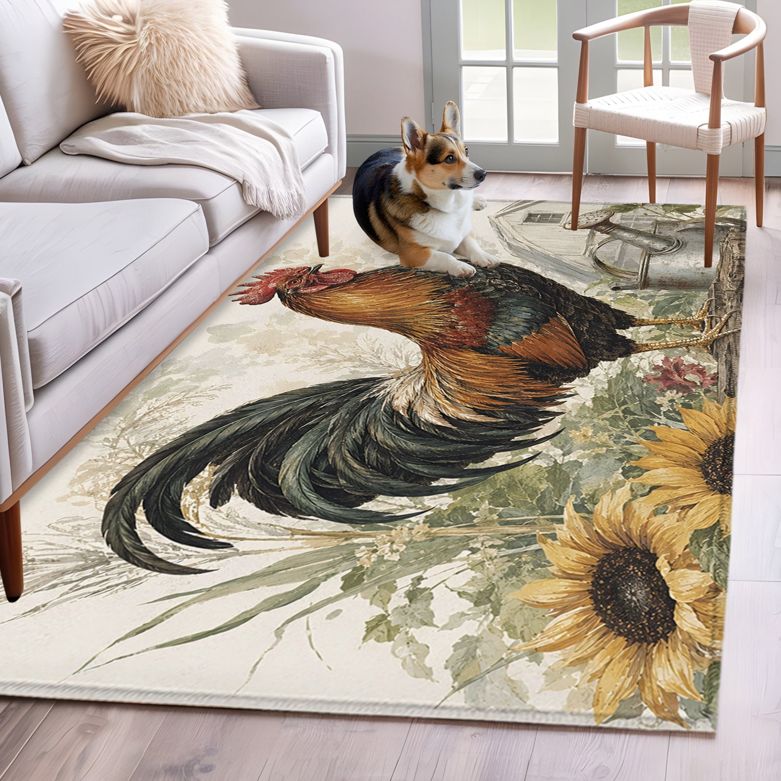 Area Rug 3x5ft, Farm Rooster Sunflowers Washable Rugs for Living Room ...