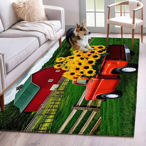 Area Rug 3x5ft, Farm Sunflower on Red Truck Washable Rugs for Living ...