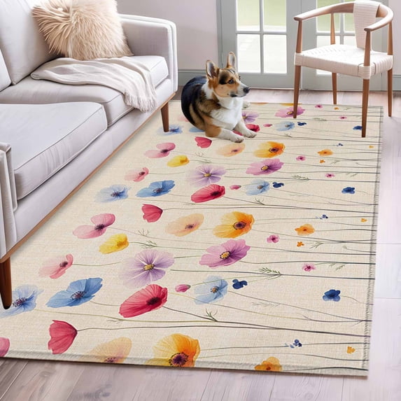 Area Rug 3x5ft Farm Watercolor Flowers Area Rugs Washable Low Pile ...
