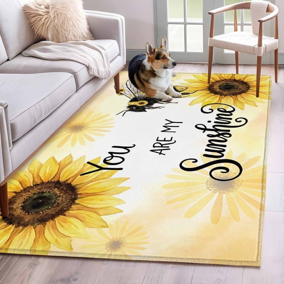 Area Rug 3x5ft, Farmhouse Bee Yellow Sunflower Washable Rugs for Living ...