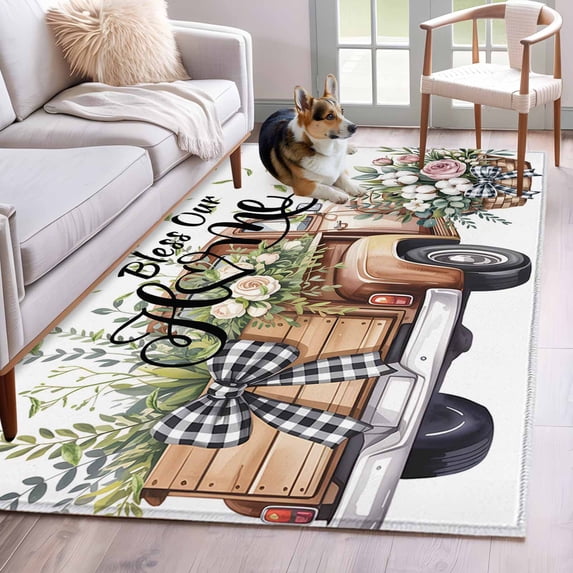 Area Rug 3x5ft Farmhouse Brown Truck Rose Flower Leaves Area Rugs ...
