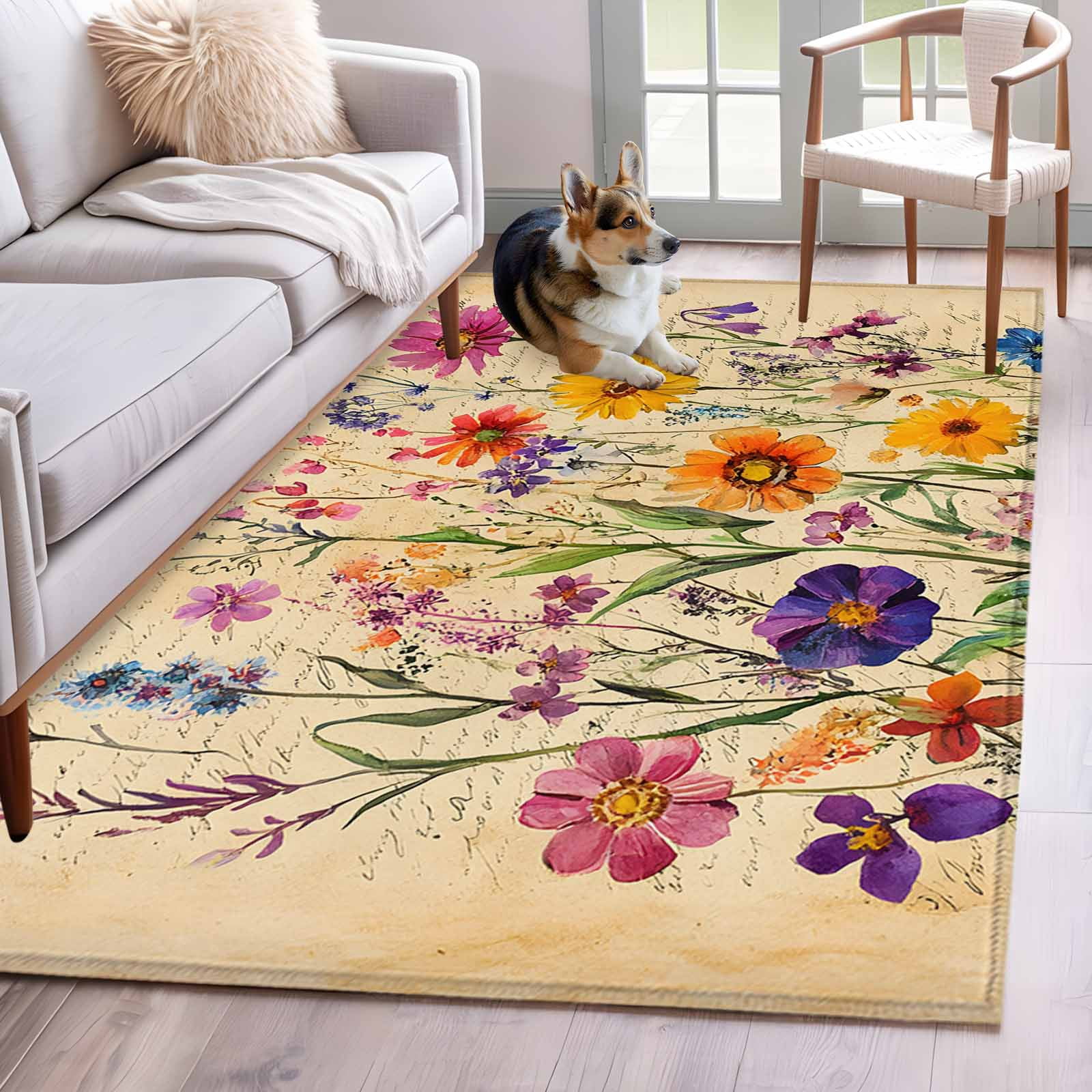 Area Rug 3x5ft Farmhouse Colorful Small Flower Area Rugs Washable Low ...