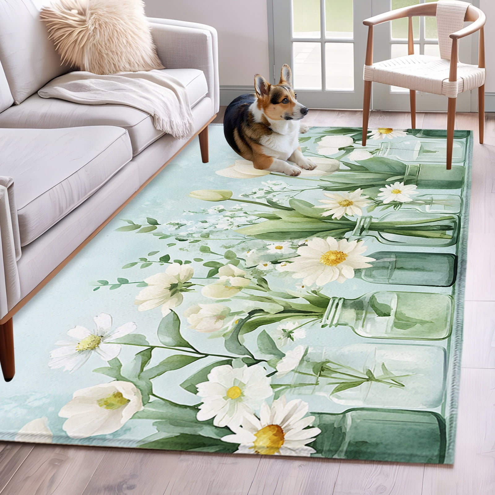 Area Rug 3x5ft, Farmhouse Floral Green Leaves Washable Rugs for Living ...