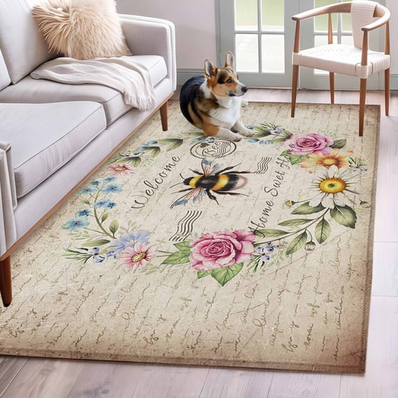 Area Rug 3x5ft Farmhouse Flower Leaf Wreath Area Rugs Washable Low Pile ...