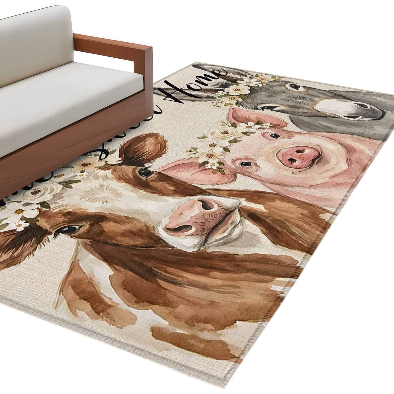 Area Rug 3x5ft, Farmhouse Pig Cattle Donkey Washable Rugs for Living ...