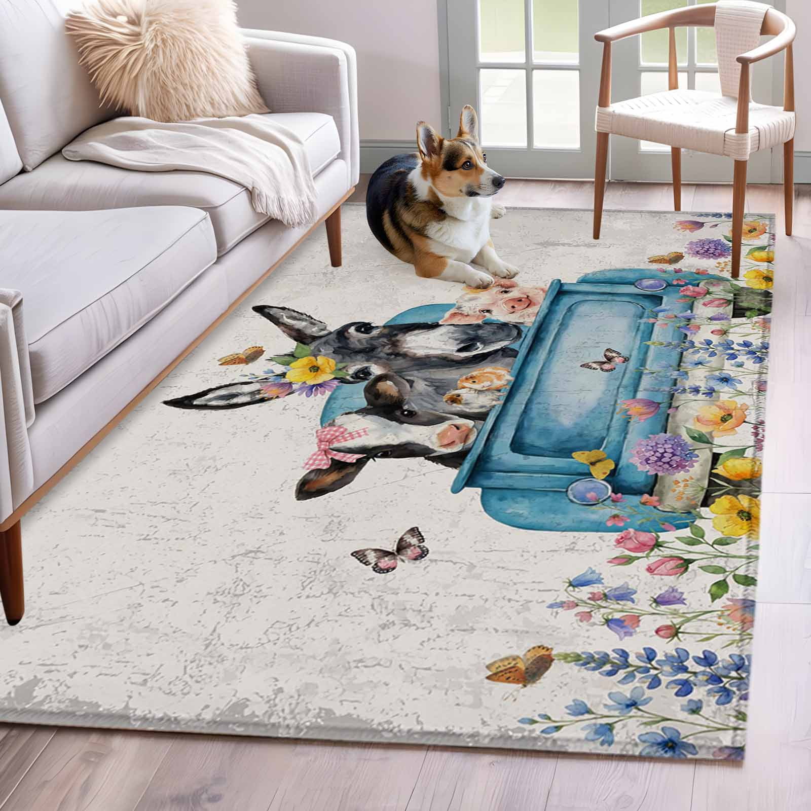 Area Rug 3x5ft, Farmhouse Pig Cow Donkey Washable Rugs for Living Room ...