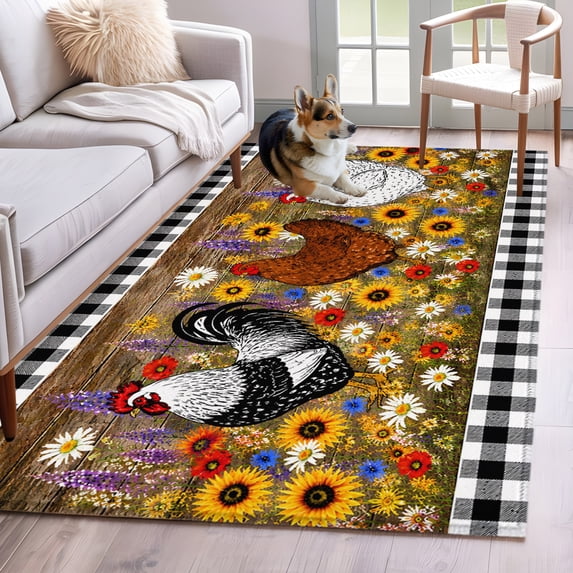 Area Rug 3x5ft Farmhouse Rooster Sunflower Area Rugs Washable Low Pile ...