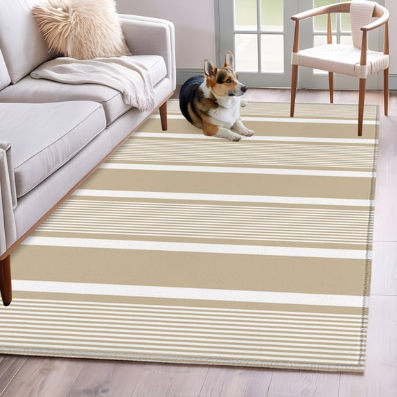 Area Rug 3x5ft Farmhouse Tan Stripes Line Area Rugs Washable Low Pile ...