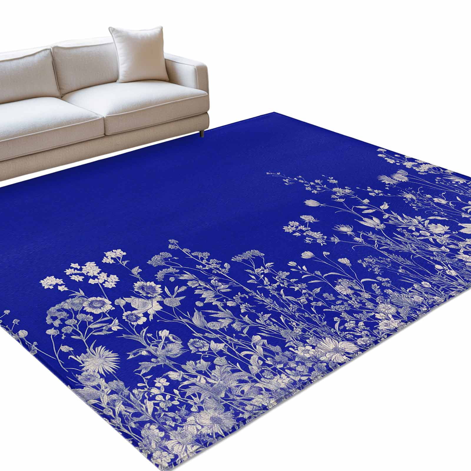 Area Rug 3x5ft Flower Plant Washable Area Rugs for Living Room Blue Non ...