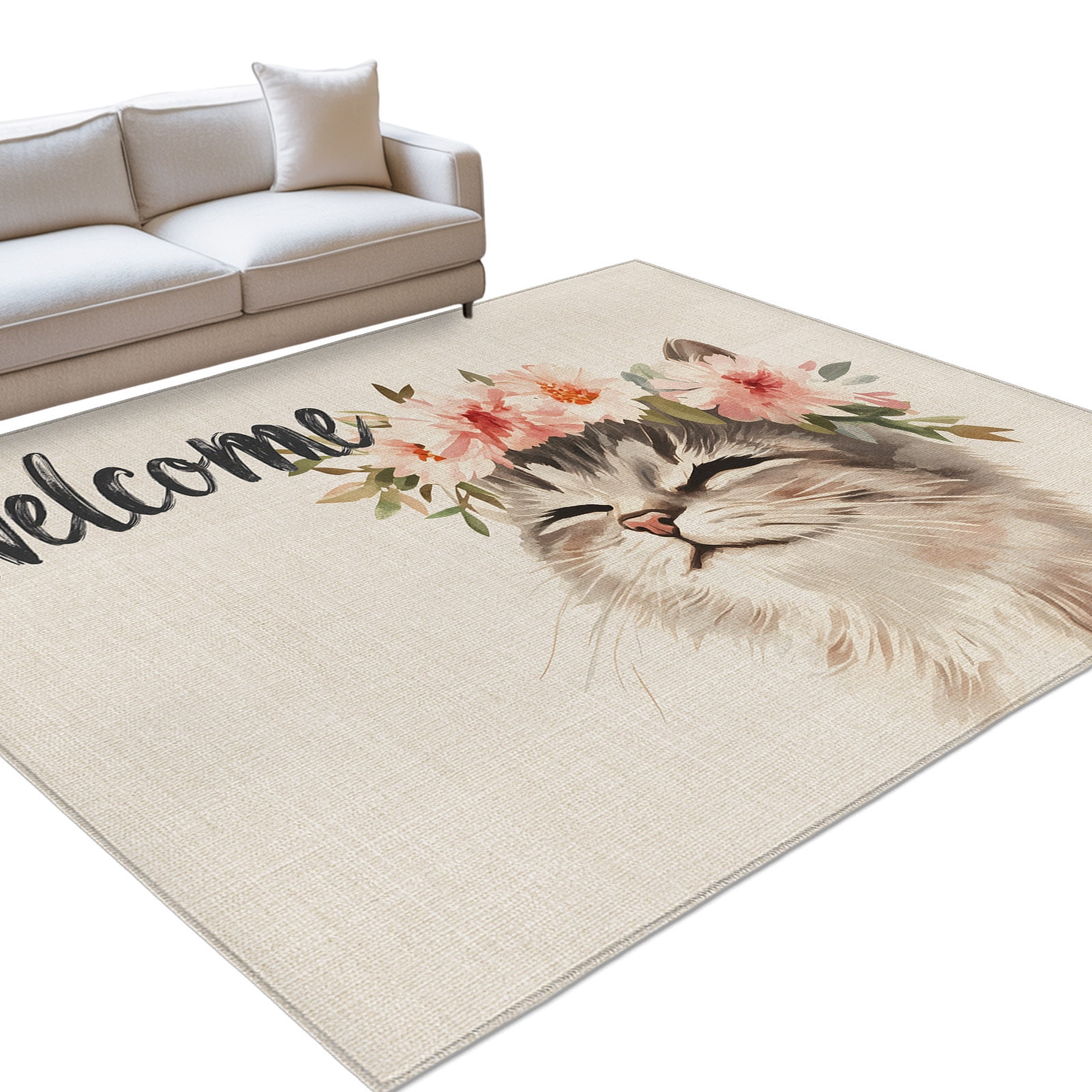 Area Rug 3x5ft Flower Wreath Cute Cat Washable Area Rugs for Living ...