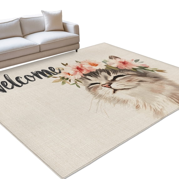 Area Rug 3x5ft Flower Wreath Cute Cat Washable Area Rugs for Living ...