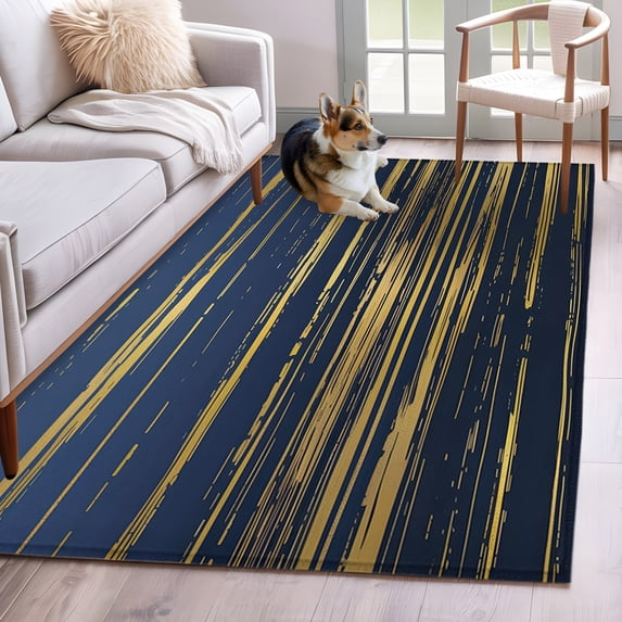 Area Rug 3x5ft Gold Line on Navy Blue Area Rugs Washable Low Pile Floor ...
