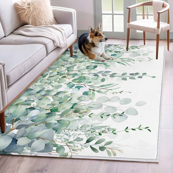 Area Rug 3x5ft Green Eucalyptus Leaf on White Area Rugs Washable Low ...