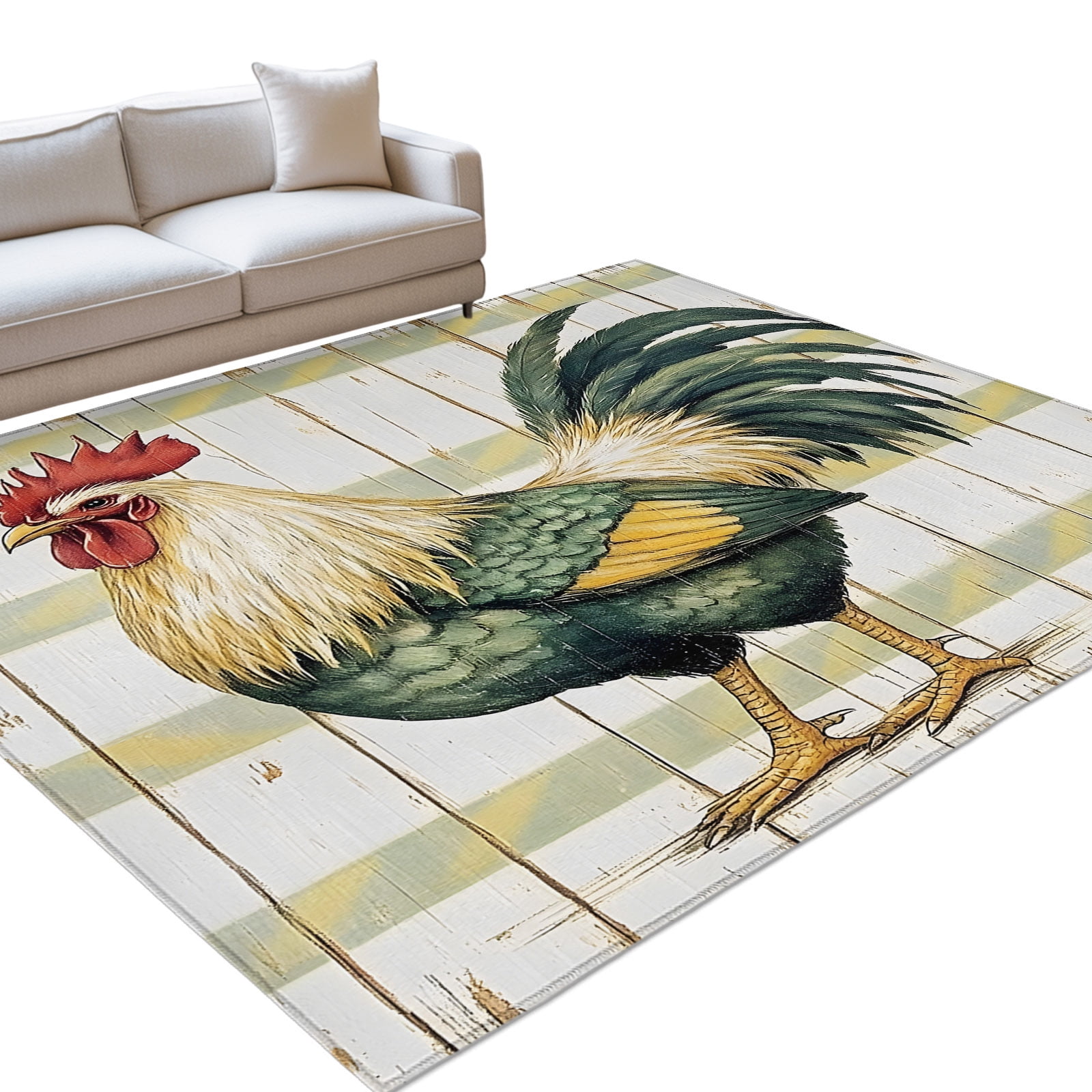 Area Rug 3x5ft Green White Rooster Washable Area Rugs for Living Room ...