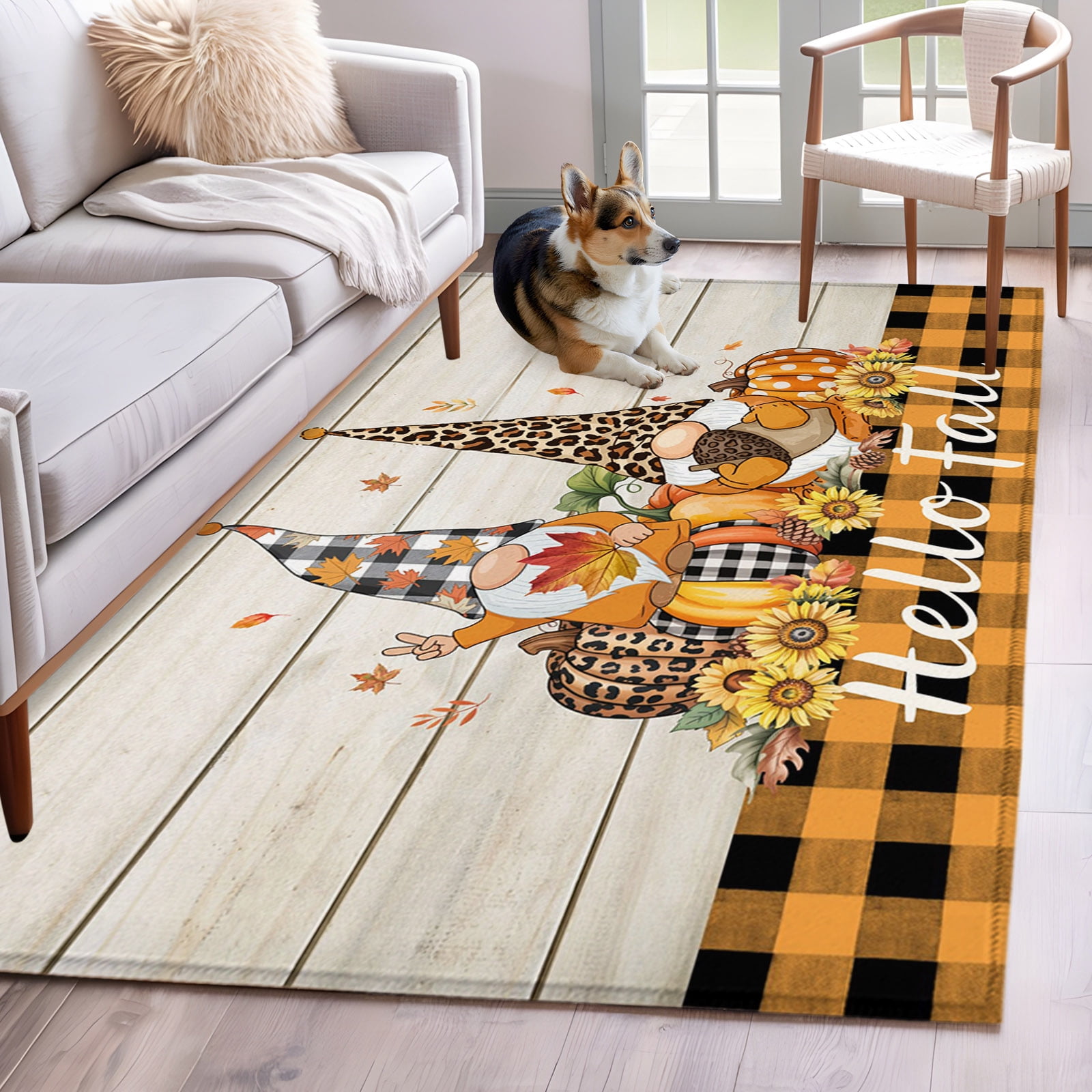 Area Rug 3x5ft, Hello Fall on Yellow Plaid Washable Rugs for Living ...
