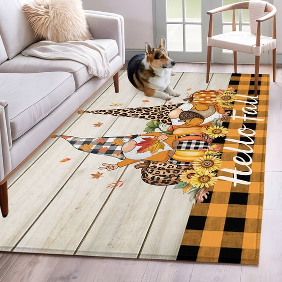 Area Rug 3x5ft, Hello Fall on Yellow Plaid Washable Rugs for Living ...