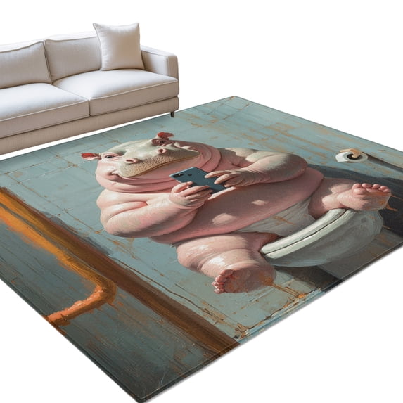 Area Rug 3x5ft Hippopotamus Sits on The Toilet Washable Area Rugs for ...