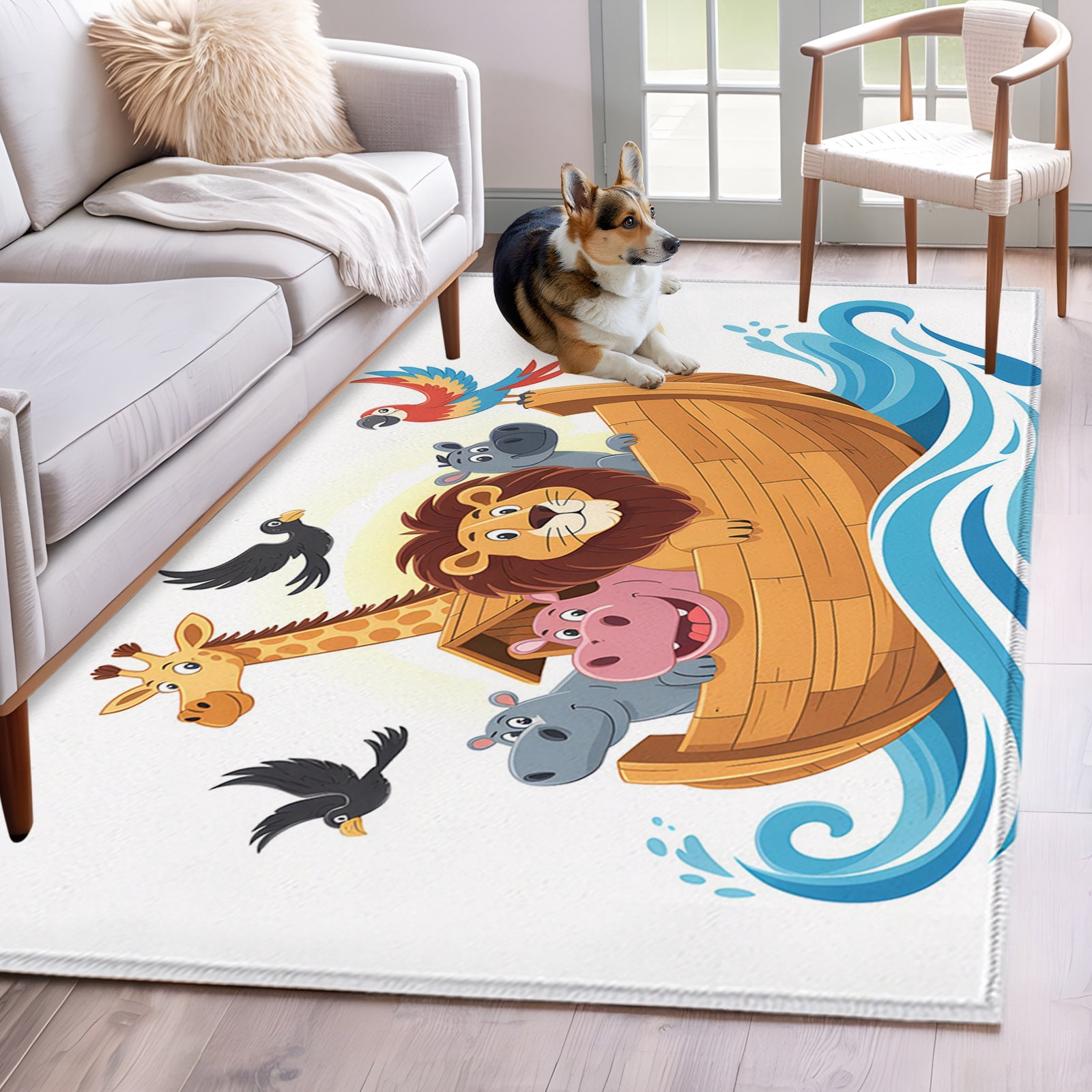 Area Rug 3x5ft Lion Giraffe Bird Boat Ocean Waves Area Rugs Washable ...