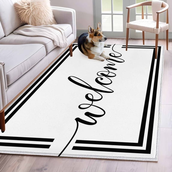 Area Rug 3x5ft Modern Welcome Stripe Area Rugs Washable Low Pile Floor ...