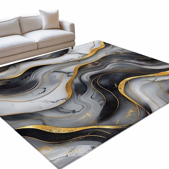 Area Rug 3x5ft Ombre Black Golden Marble Texture Washable Area Rugs for ...