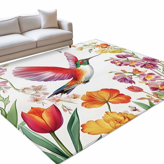 Area Rug 3x5ft Orange Flowers Red Bird Washable Area Rugs for Living ...