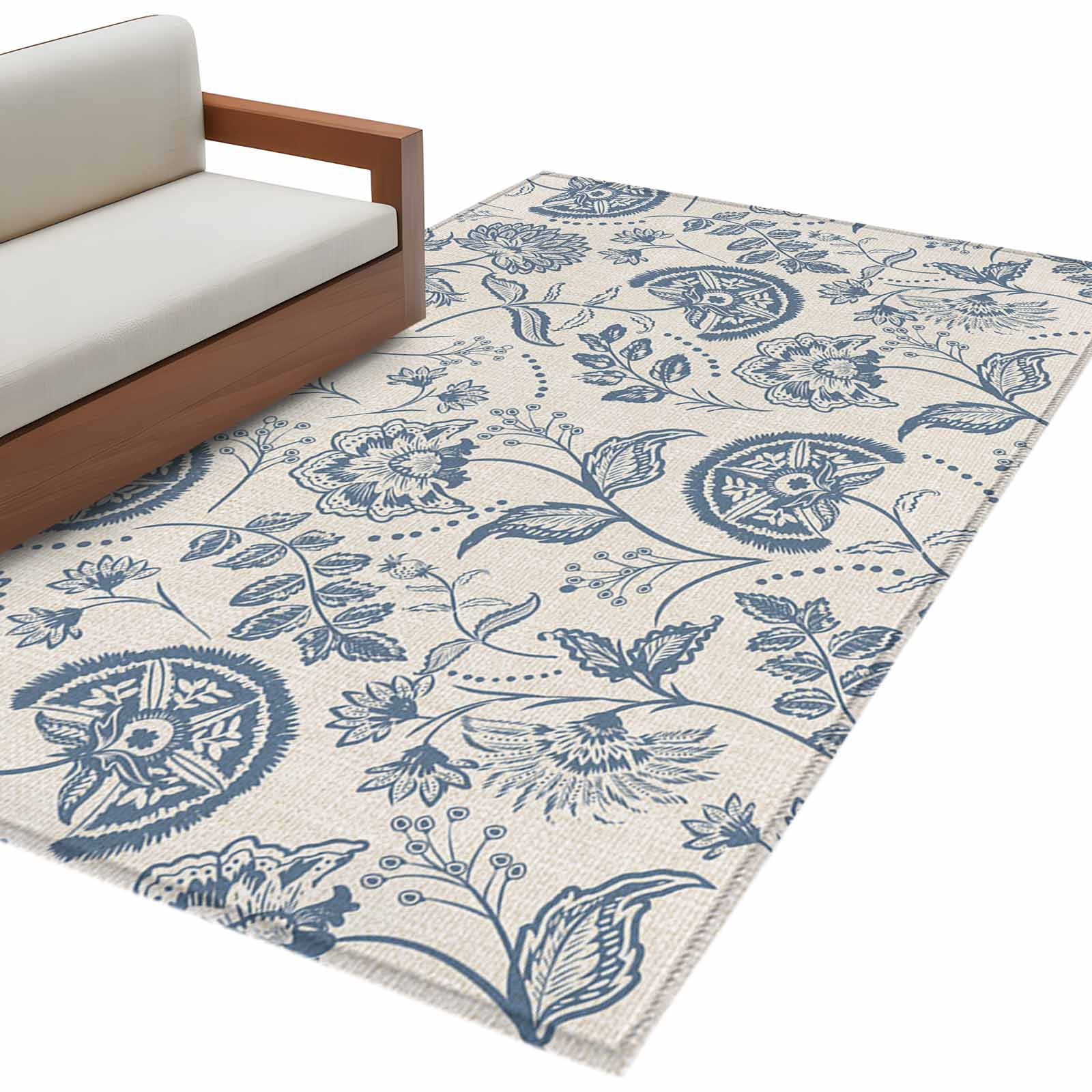 Area Rug 3x5ft, Pastoral Abstract Blue Flower on Flax Washable Rugs for ...